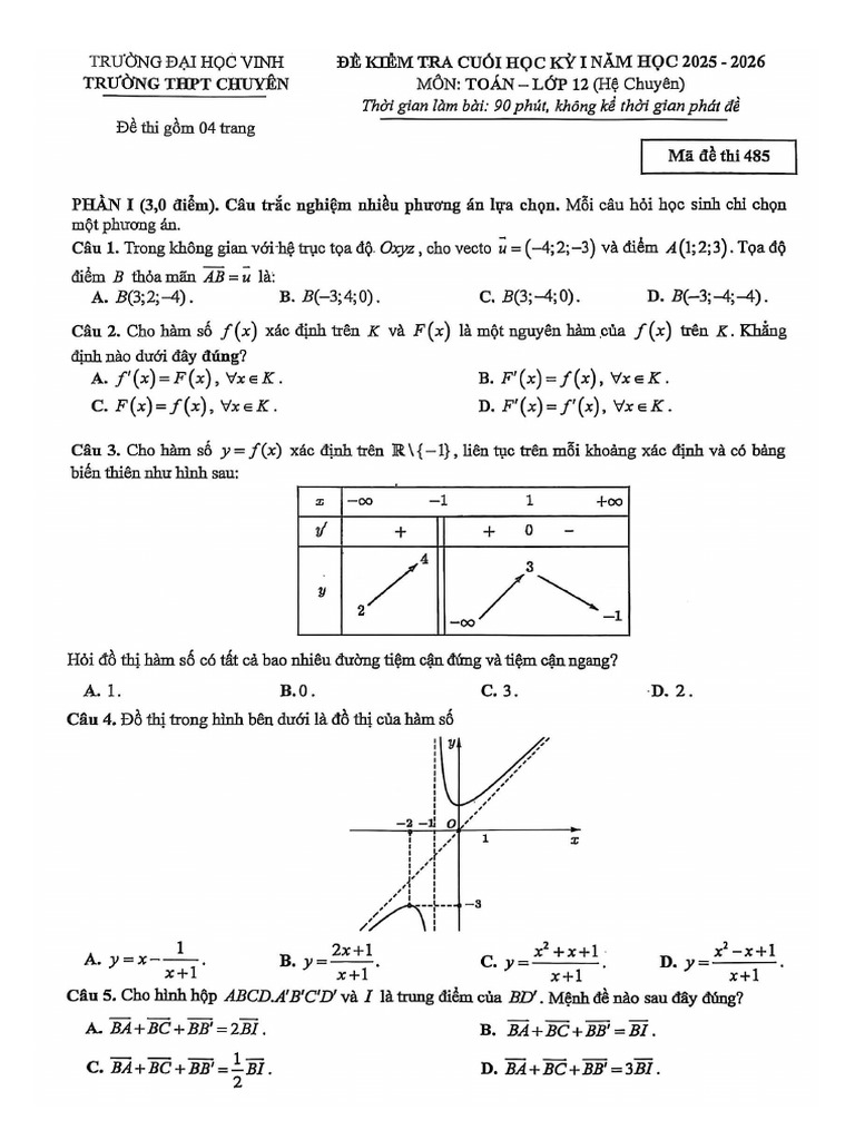 De Cuoi Hoc Ky 1 Toan 12 Nam 2025 2026 Truong Chuyen Dh Vinh Nghe An | PDF