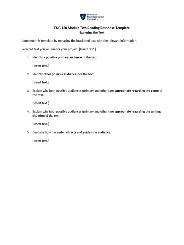 ENG 130 Reading Response Template | PDF