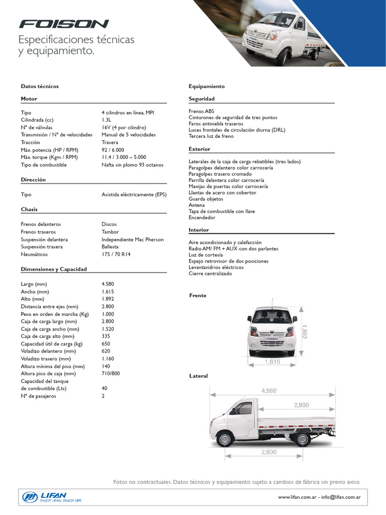 Ficha Técnica Lifan Foison Truck | PDF | Sedanes | Industria automotriz