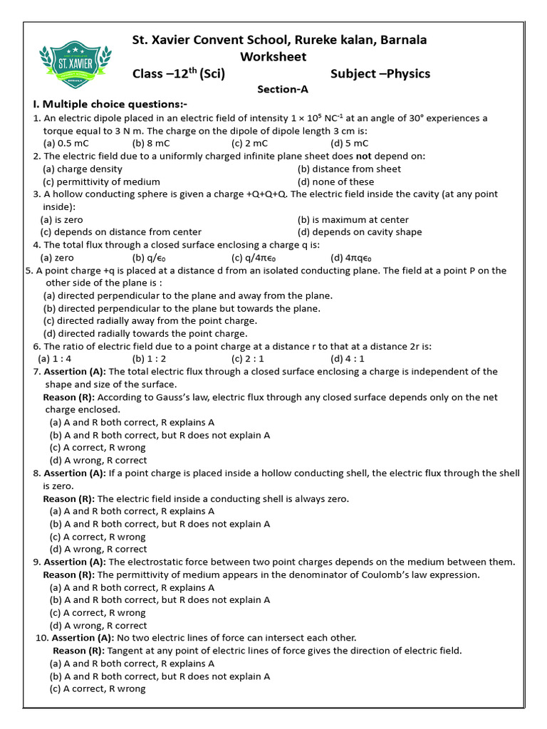 12th Physics Worksheet Ch-1 | PDF | Electric Field | Physics