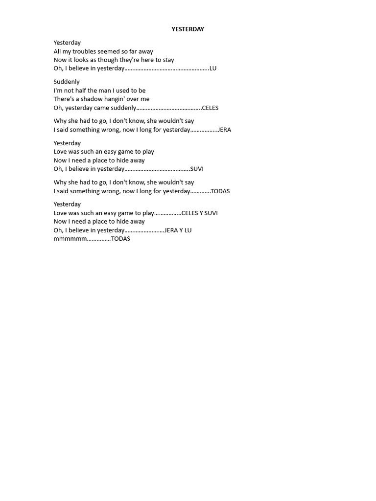 "Yesterday Lyrics Analysis and Themes" | PDF