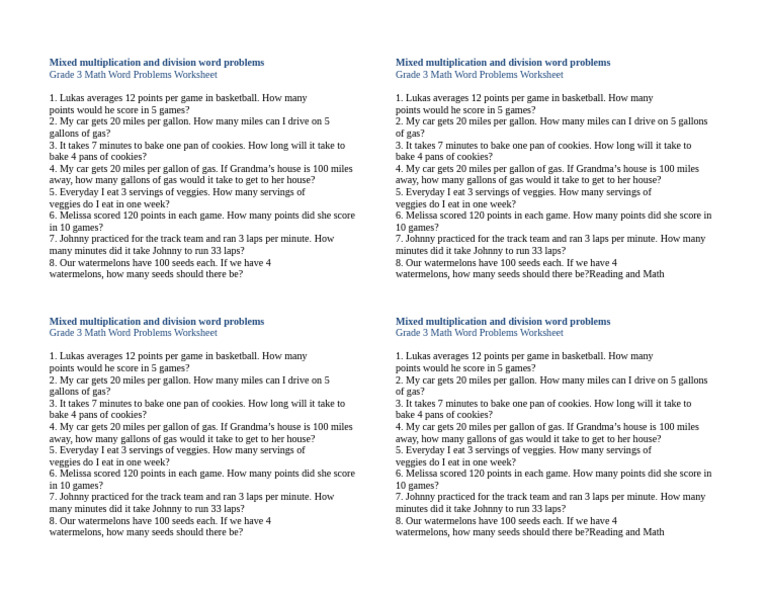 Mixed Multiplication and Division Word Problems | PDF | Chess Openings ...