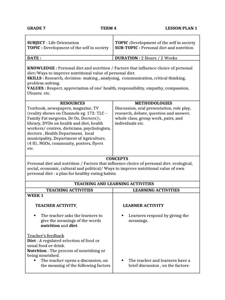 Grade 7 Life Orientation: Nutrition Plan | PDF | Body Mass Index | Dieting