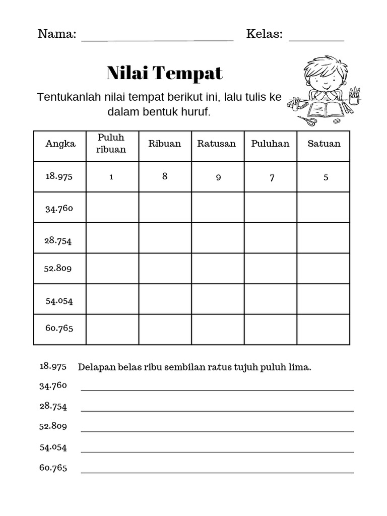 Nilai Tempat Puluh Ribuan Lembar Kerja Putih Sederhana | PDF