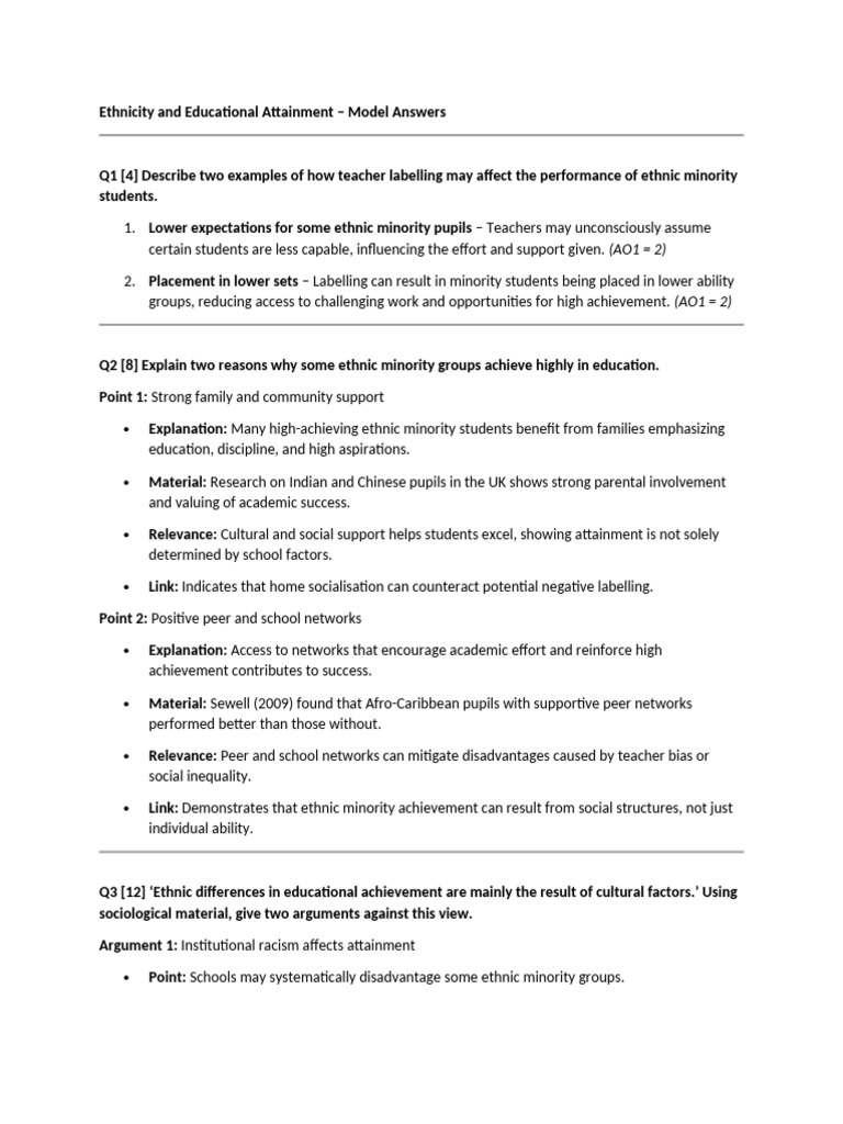 Ethnicity and Educational Attainment QUESTIONS | PDF | Teachers ...