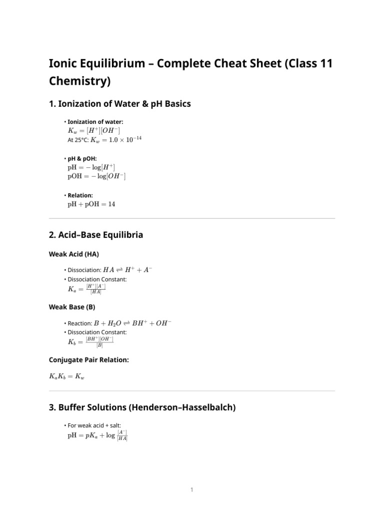 Ionic Equilibrium Cheatsheet | PDF | Acid Dissociation Constant | Acid