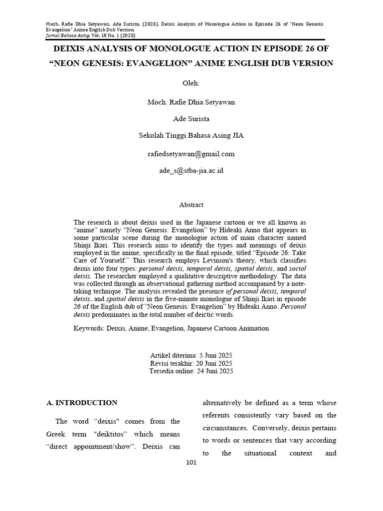 2025 - Deixis Analysis of Monologue Action in Episode 26 of "Neon ...