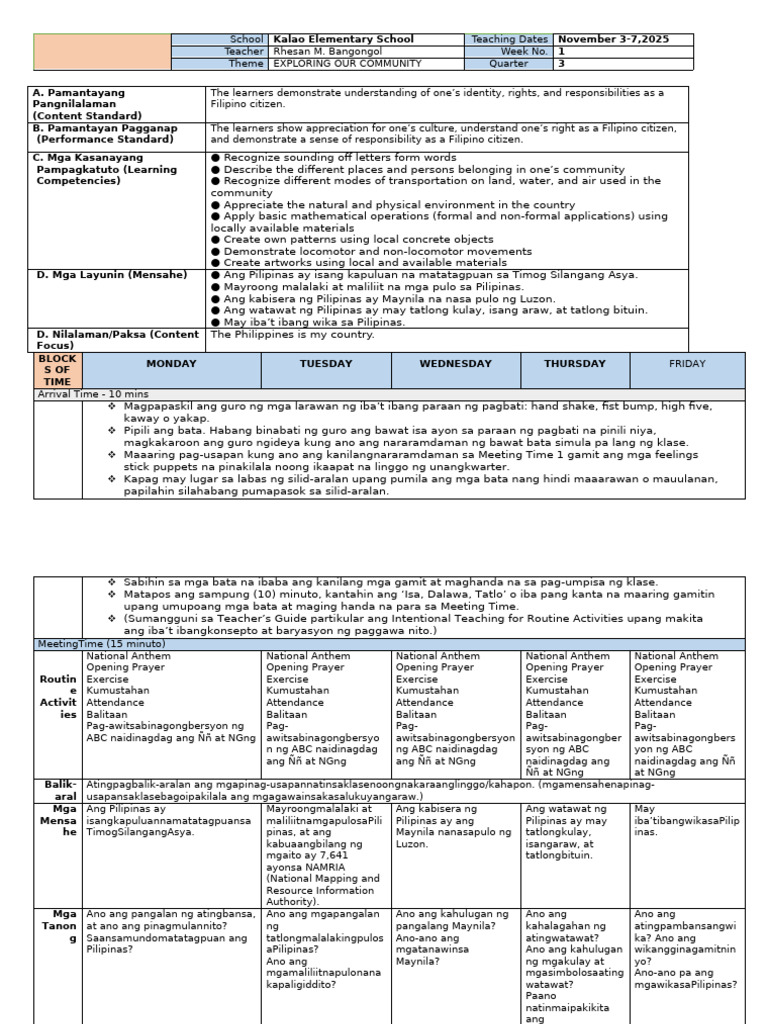 Kindergarten-DLL-Matatag-Q3 Week 1 | PDF