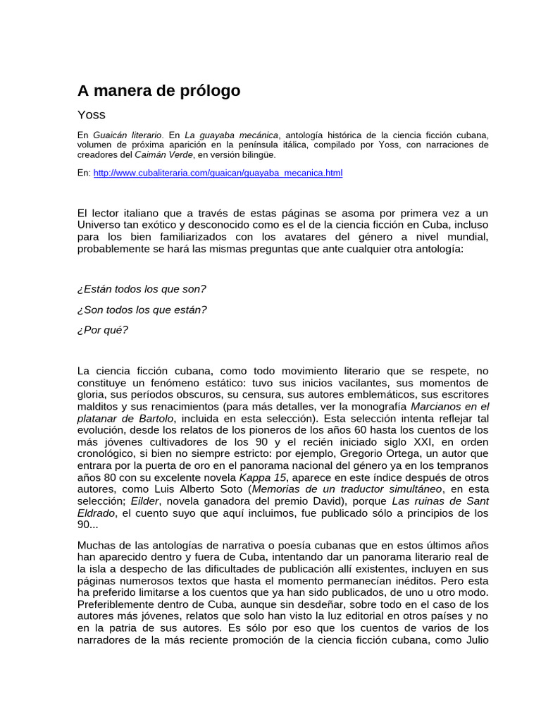 A Manera de Prologo - Yoss | PDF | Ciencia ficción | Cuba