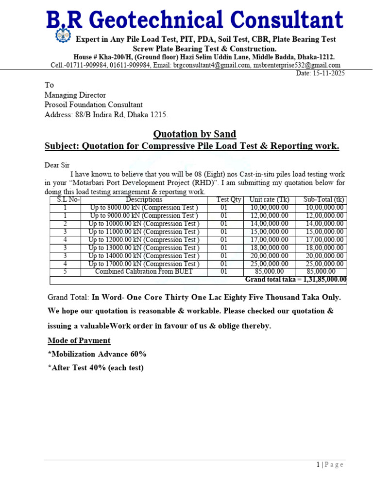 Compressive Pile Load Test Quotation | PDF | Civil Engineering