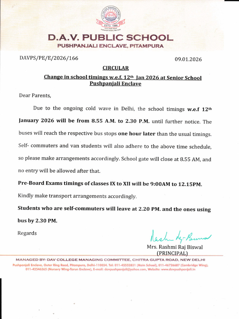 Pushpanjali Enclave Senior School Timings Changed W.E.F. 12th Jan 2026 ...