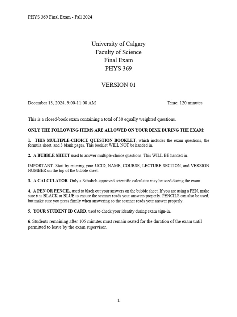 PHYS 369 F2024 - Final Exam | PDF | Waves | Applied And ...