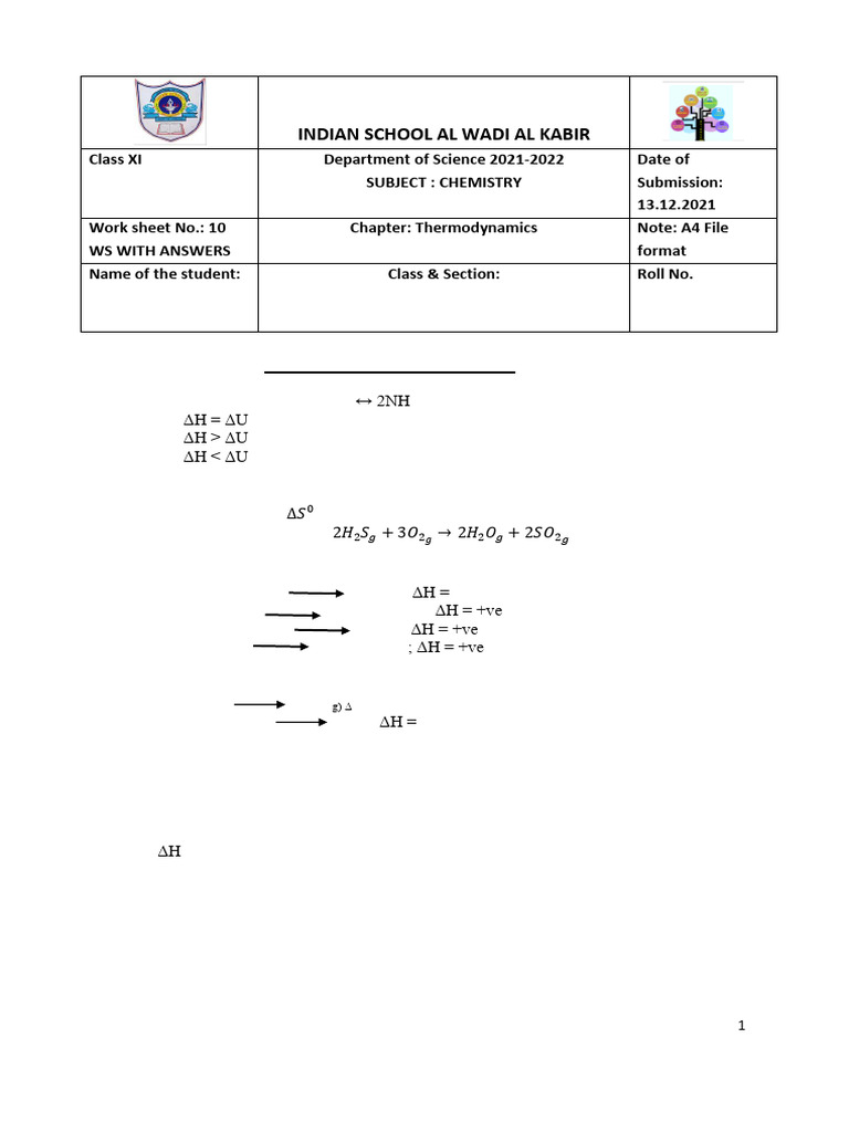 Chemistry Worksheet on Thermodynamics | PDF | Enthalpy | Gibbs Free Energy