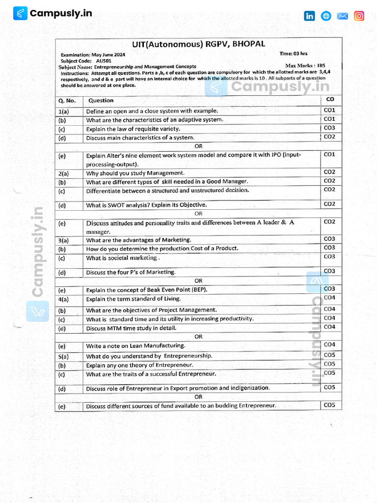 Entrepreneurship and Concepts of Management Back-Campusly PYQs | PDF
