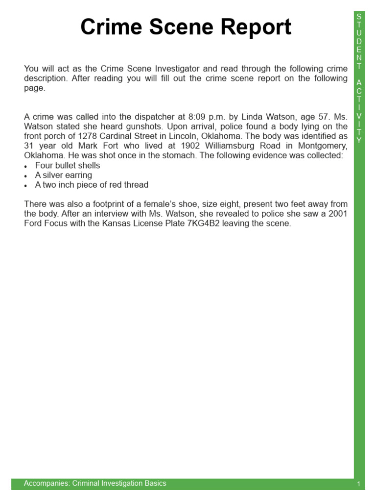 Crime Scene Report Activity Template | PDF | Crime Scene | Criminal Justice