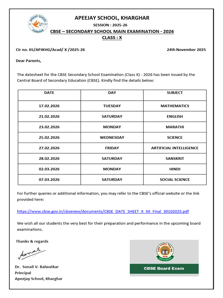 CBSE Class X Exam Datesheet 2026 | PDF