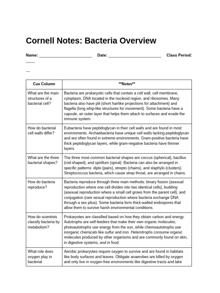Cornell Notes_ Bacteria Overview (1) | PDF | Bacteria | Cell (Biology)