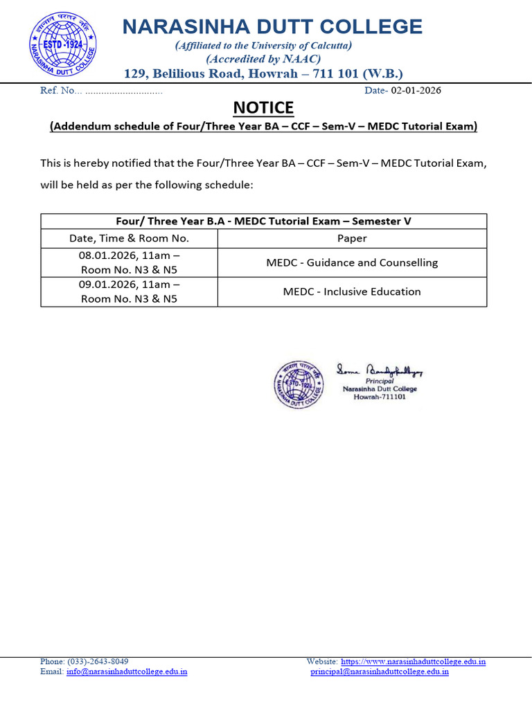 Addendum Schedule TU Sem V Notice 02-01-2026 | PDF