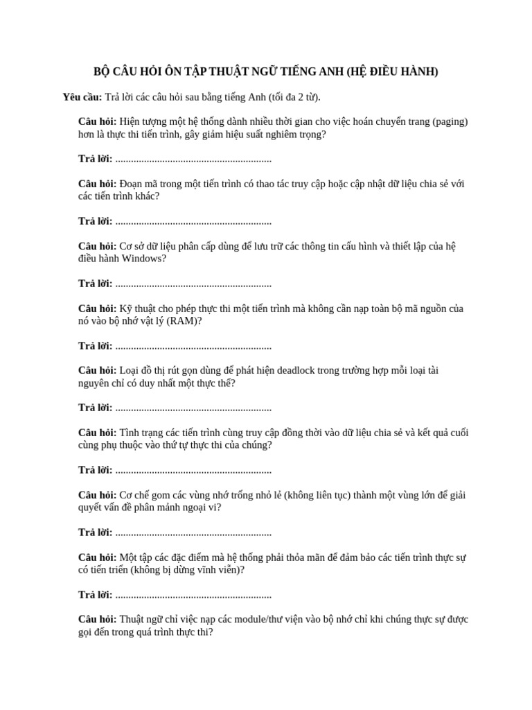 Bộ Câu Hỏi Ôn Tập Thuật Ngữ Tiếng Anh | PDF