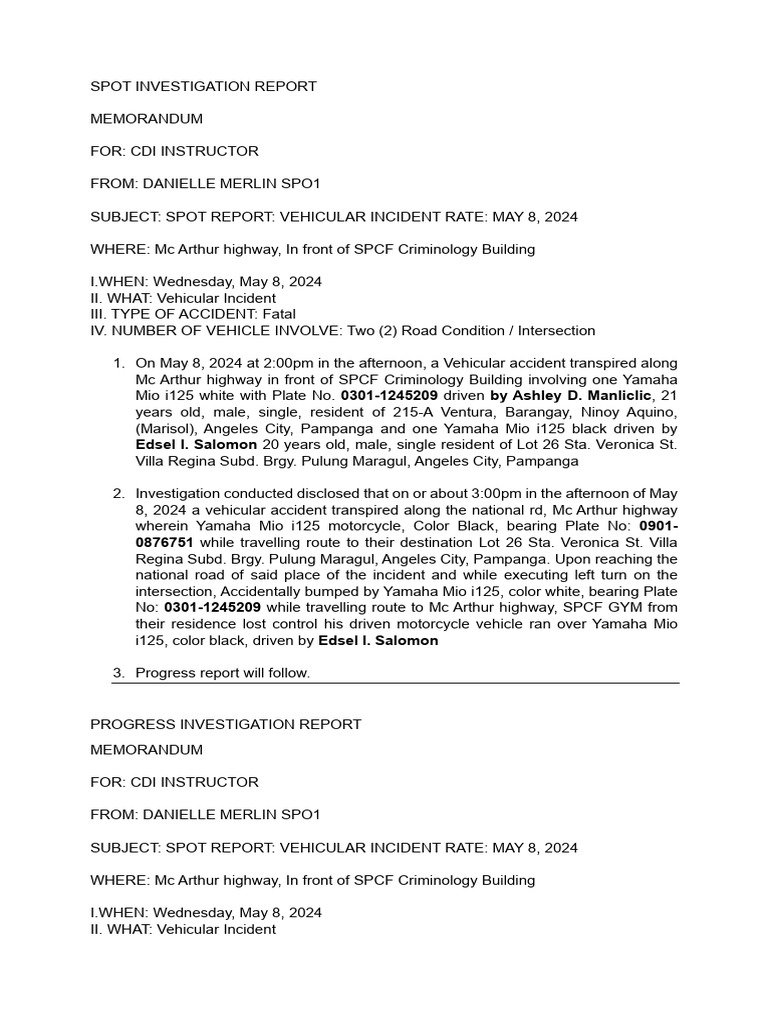 Spot Investigation Report | PDF | Hazards | Transport
