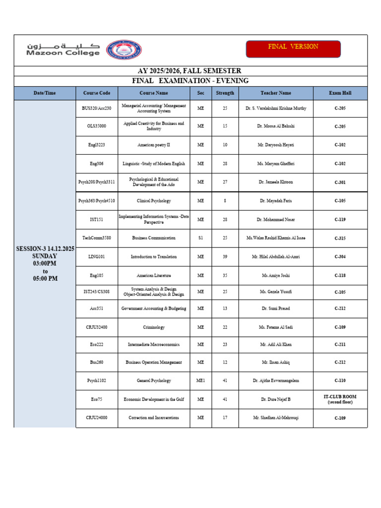 Student Copy-final Examination Timetable - Ay2025-26 Fall Semester ...