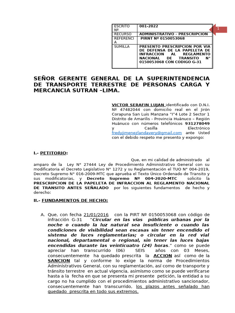 Escrito Victor Serafin Lujan Prescripcion de Papeleta Pascodocx | PDF | Multa (pena) | Estatuto ...