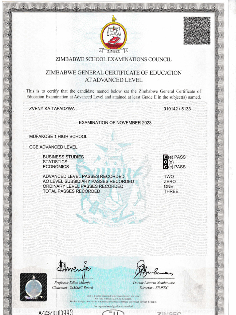 Zimbabwe GCE Exam Certificate 2023 | PDF | Teaching | Career And ...