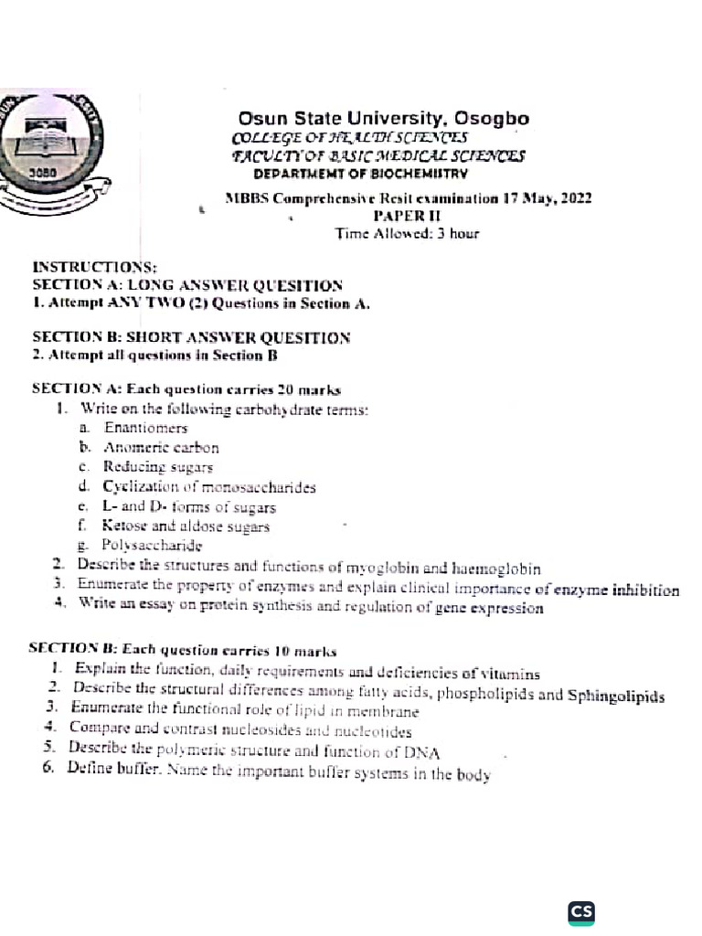 Mb1 & Comprehensive p.qs Uniosun Mbbs, 10_2023 | PDF