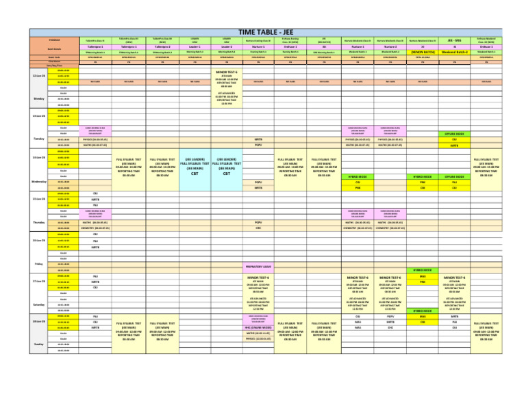 JEE Class Schedule and Test Dates | PDF | Standardized Tests