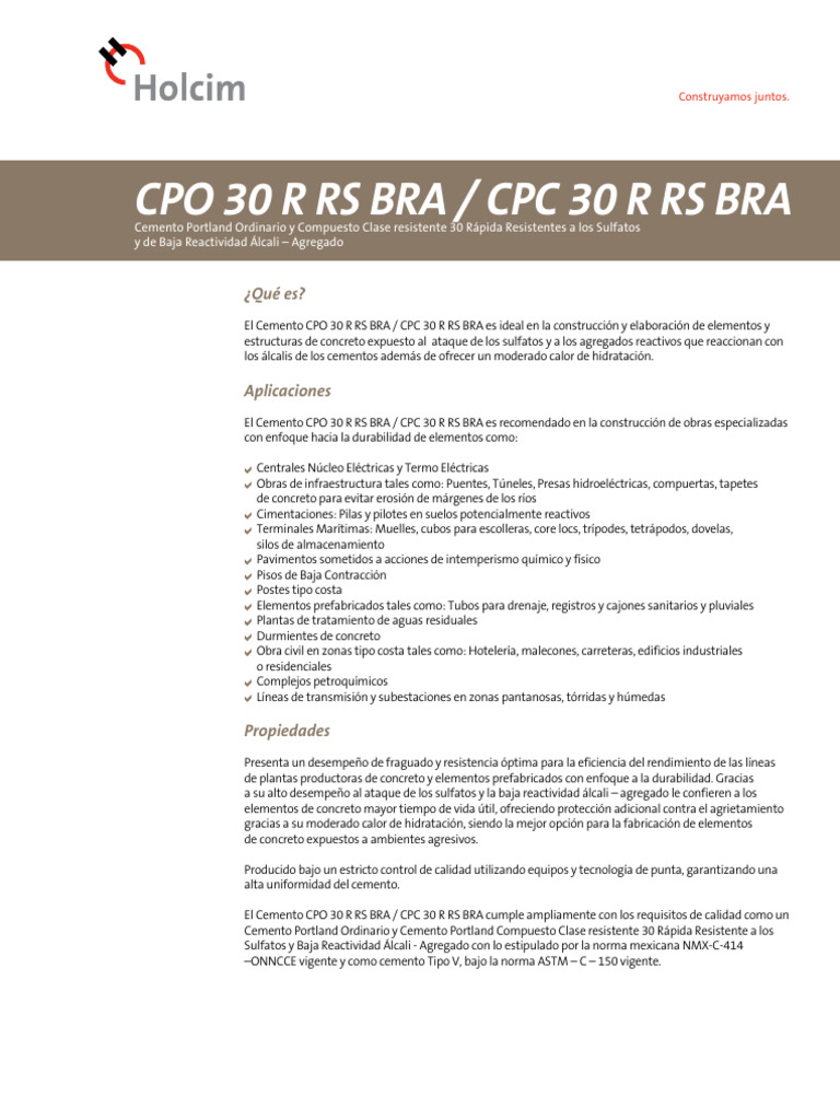 Cemento CPO 30 R RS BRA: Durabilidad y Usos | PDF | Hormigón | Cemento