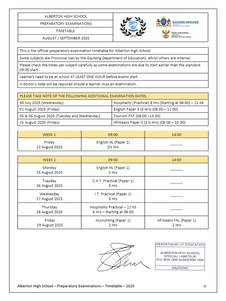 Alberton High School 2025 Exam Timetable | PDF