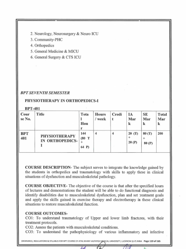 BPT 7th Sem syllabus | PDF