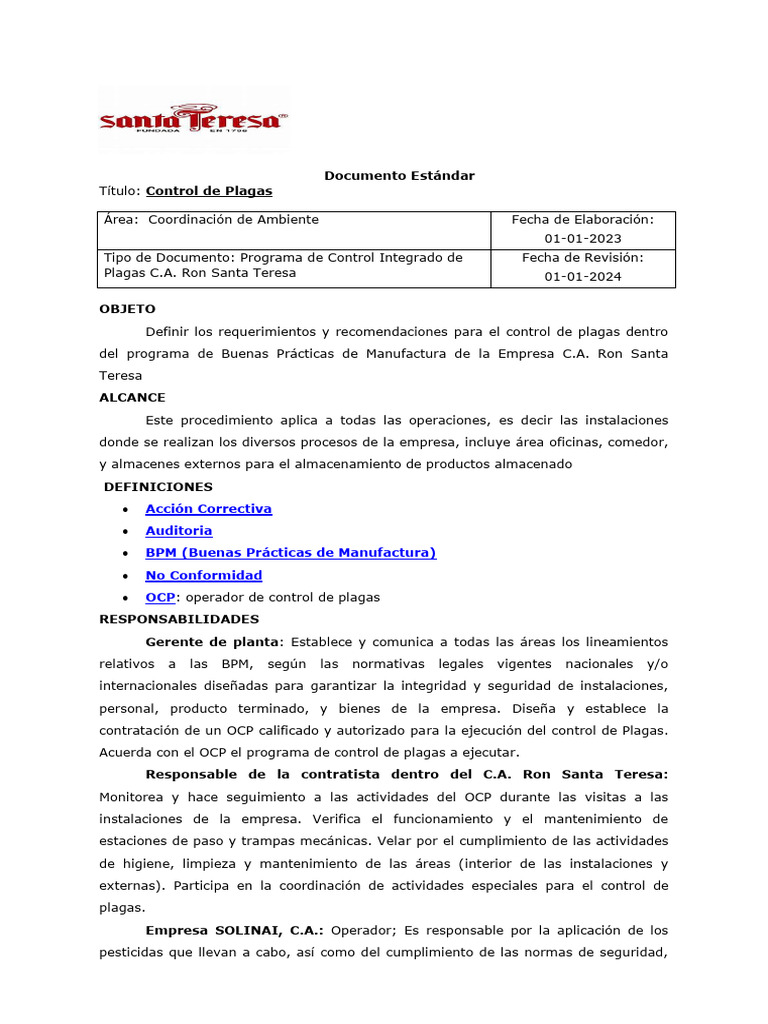 Programa de Fumigacion C.a Ron Santa Teresa | PDF | Control de plagas