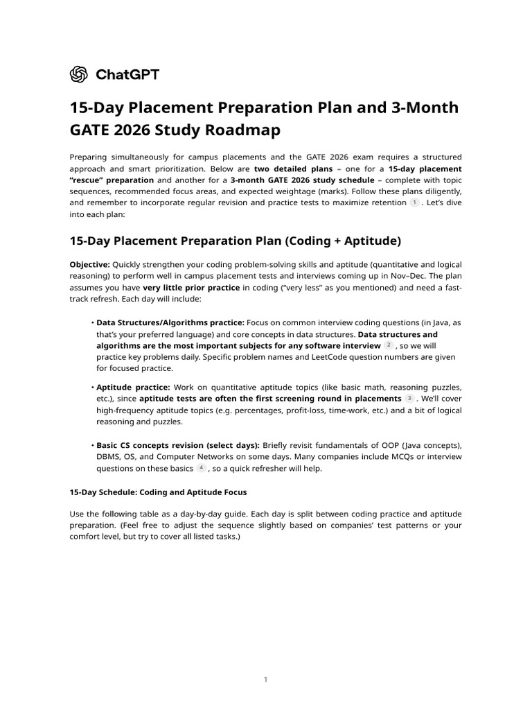 15-Day Placement & GATE 2026 Prep Plan | PDF | Discrete Mathematics ...