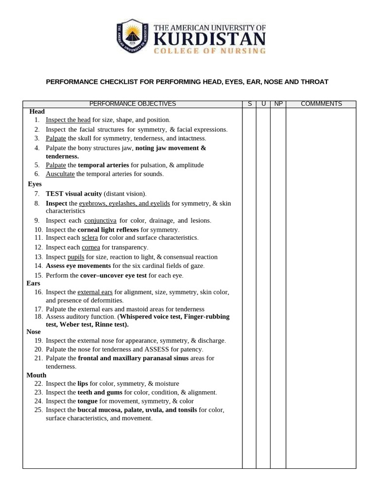 Performance Checklist for Performing Head,Eyes, Ear,Nose and Throat ...