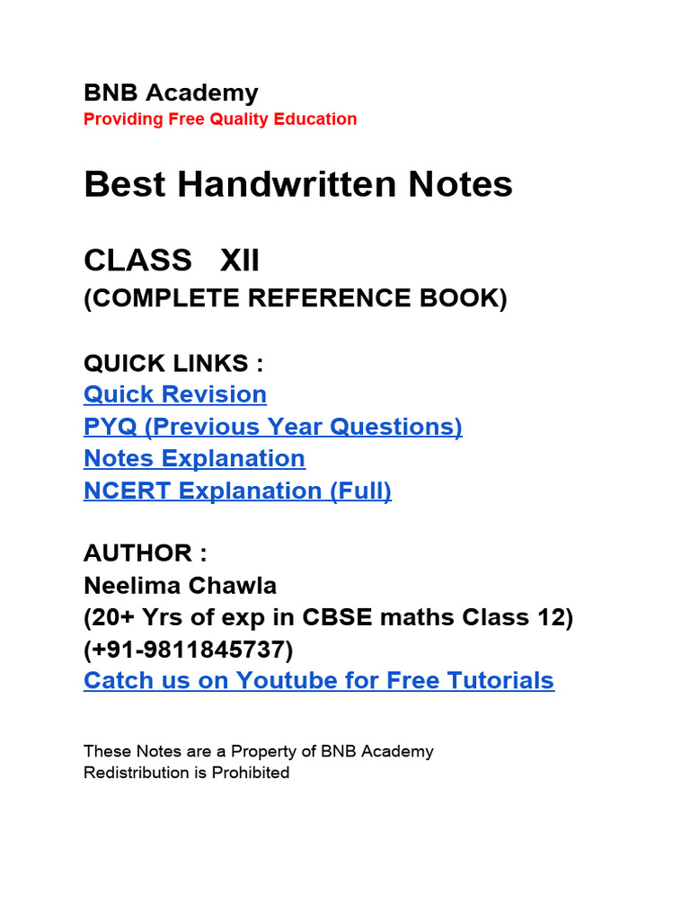 B.N.B. - FINAL CLASS XII MATHS HAND NOTES | PDF
