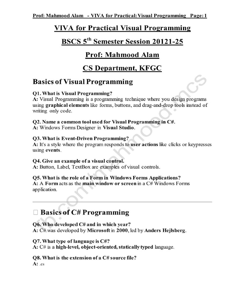 Viva Short Questions for Practical Visual Programming 2021-25 | PDF