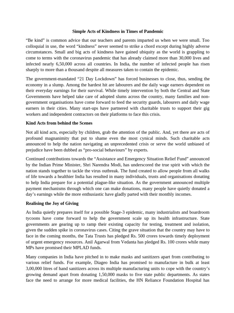 Kindness in Times of a Pandemic - Article | PDF | Health Disasters ...