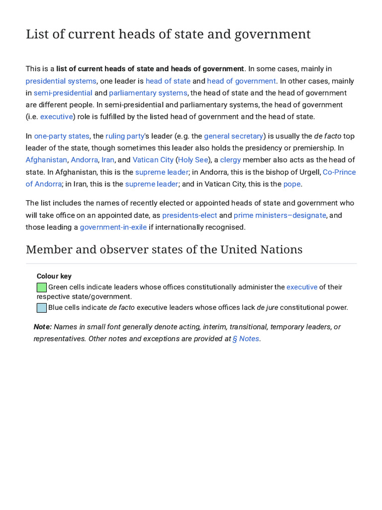 Current Heads of State and Government List | PDF | Heads Of State ...