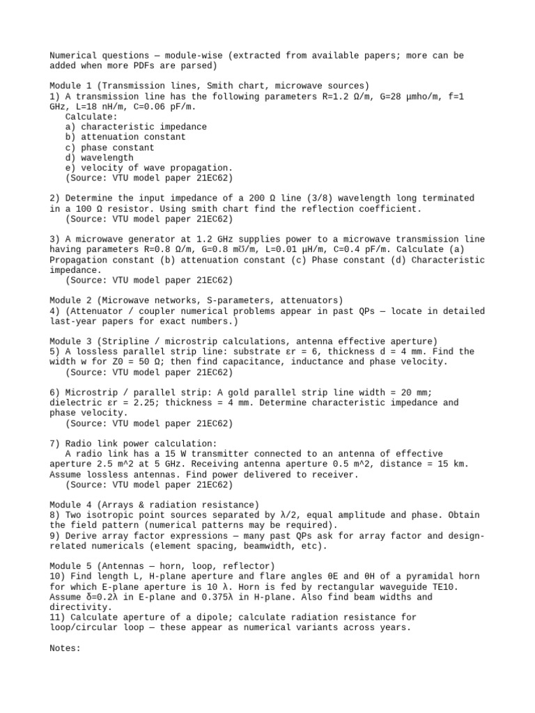 Numerical Questions by Module | PDF | Transmission Line | Antenna (Radio)