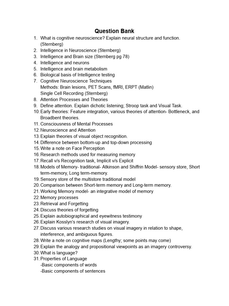 Cognitive Neuroscience Question Bank | PDF | Attention | Cognition