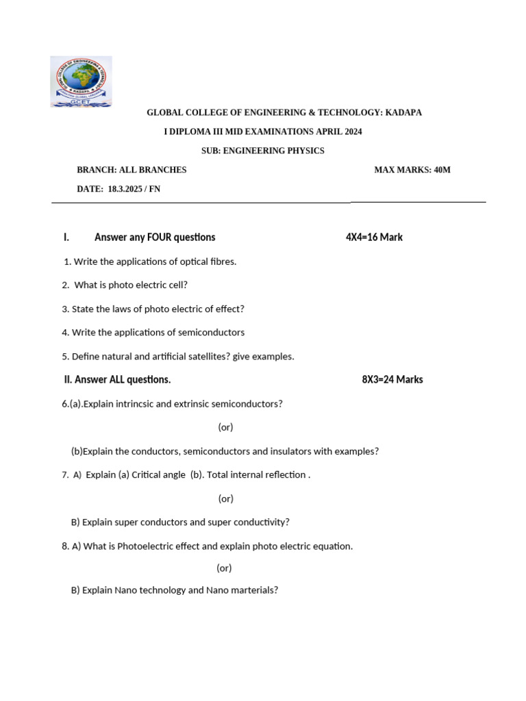 PHYSICS I Diploma III Mid Question Paper - Copy | PDF