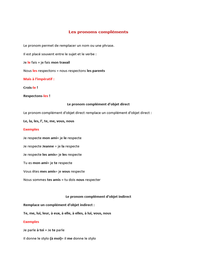 Comprendre les pronoms compléments | PDF | Complément d'objet | Pronom