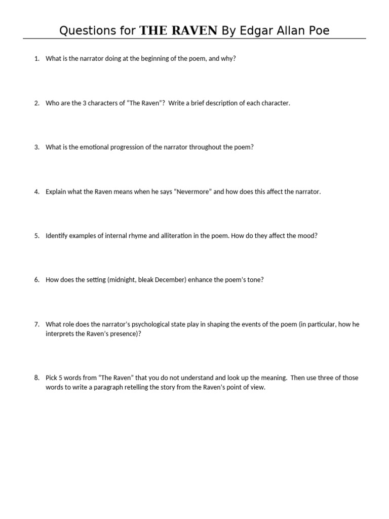 Questions and Answers(#1 Fist Set) for the RAVEN by Edgar Allan Poe ...