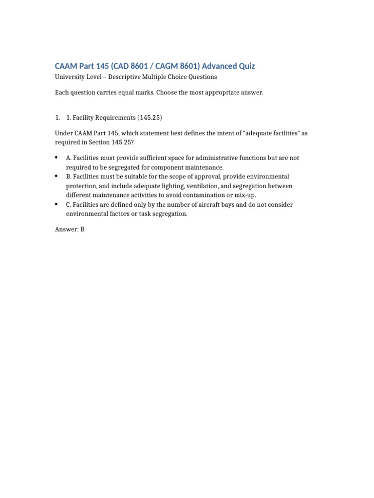 CAAM Part 145 Advanced Quiz | PDF