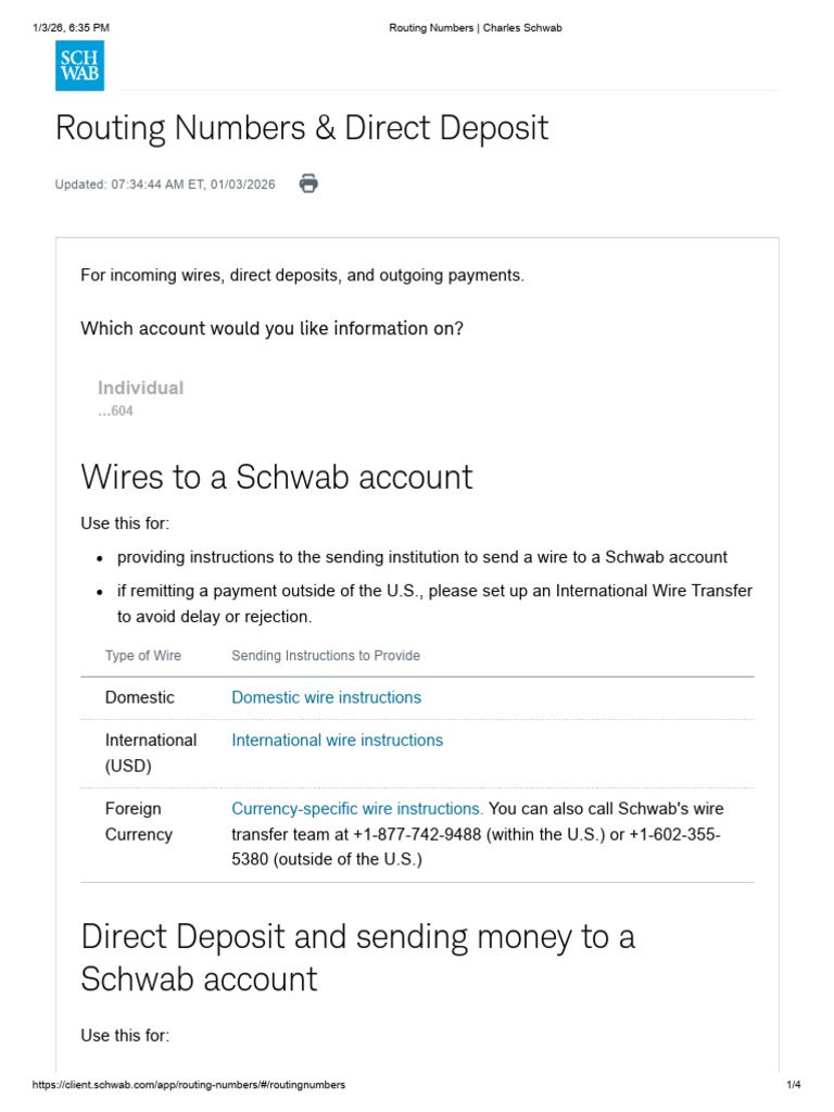 Schwab Routing Numbers & Direct Deposit Guide | PDF | Banks | Money