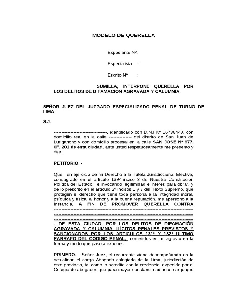 Querella por Difamación y Calumnia | PDF | Queja | Castigos