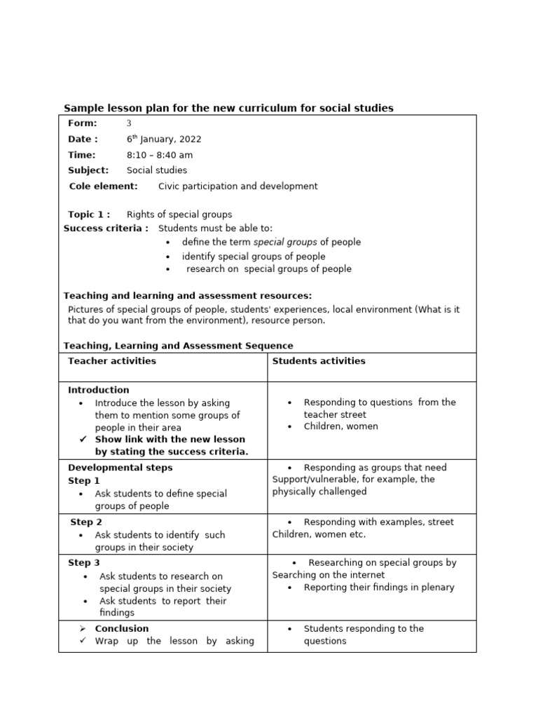 Social Studies Lesson Plan: Special Groups | PDF | Lesson Plan ...