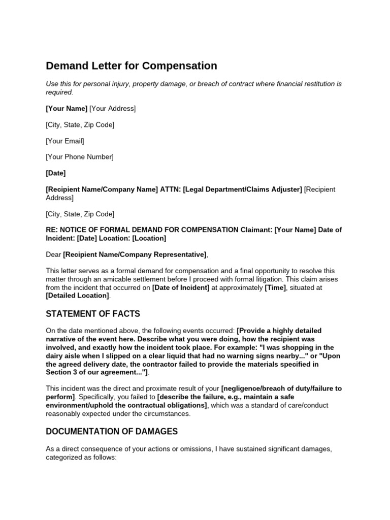 Formal Demand Letter for Compensation | PDF | Damages | Breach Of Contract