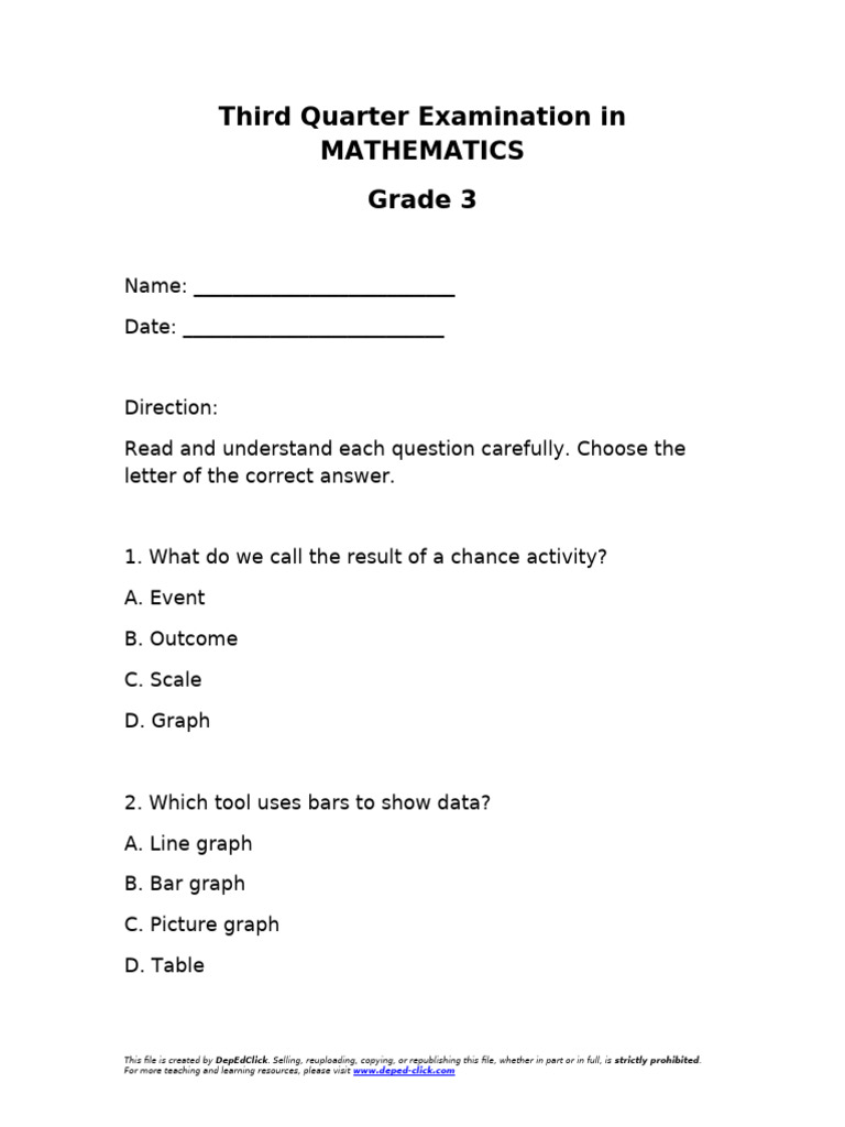 Third Quarter Examination MATHEMATICS Grade3 DepEdClick | PDF